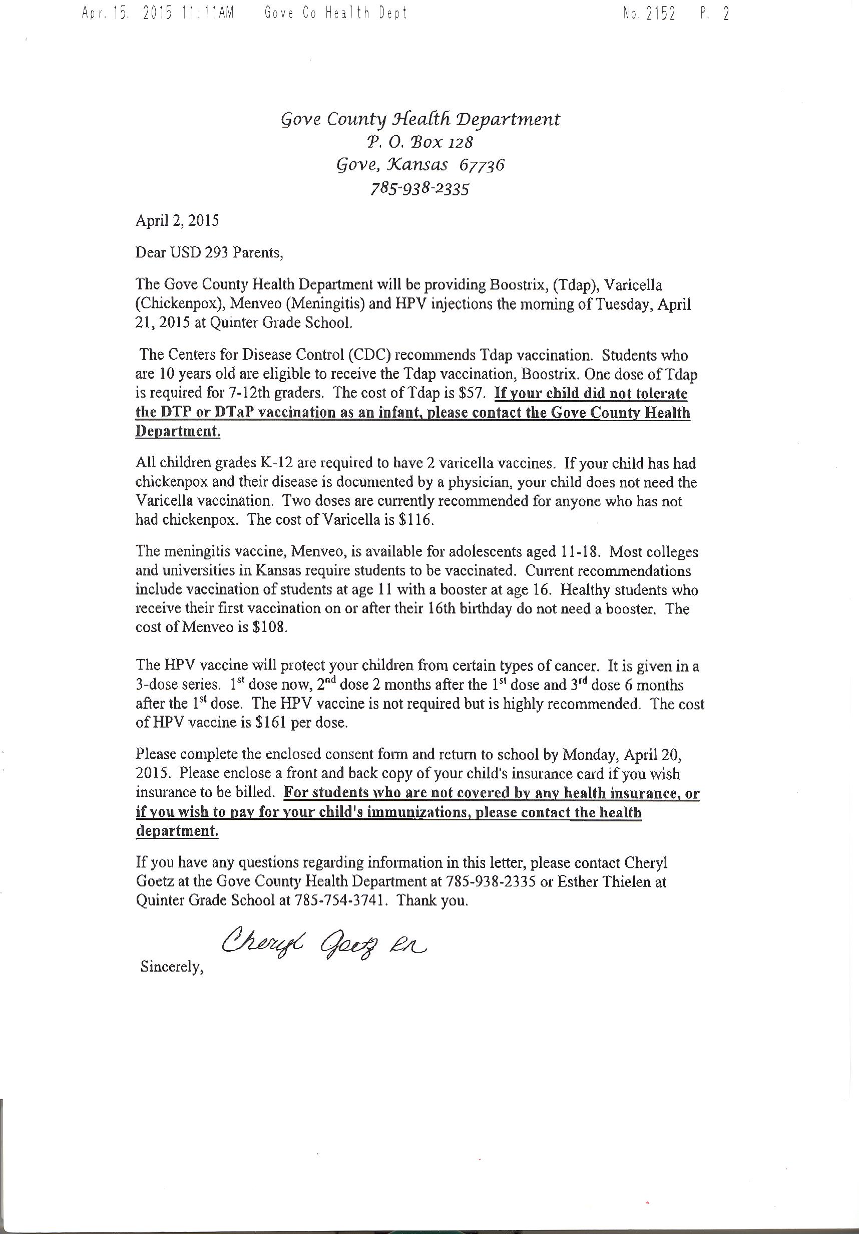 Quinter Schools - School Immunizations Offered